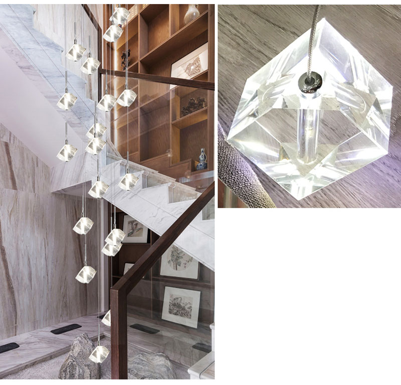 Modern Crystal Cluster Pendant Light Square Lamp Shades Duplex Stair Office